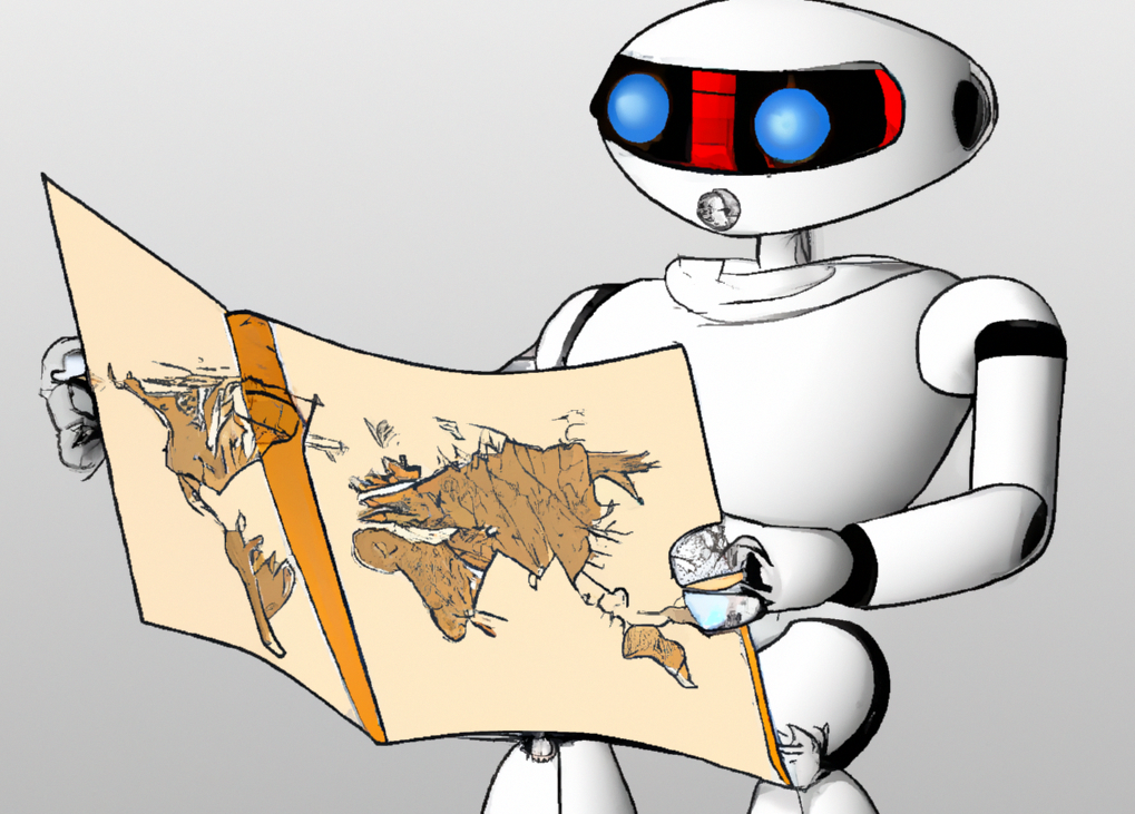 DALL·E 2023-03-23 21.06.59 - The robot examines a geographical map, a ...